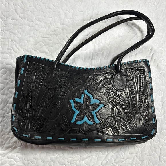 Leaders In Leather | Bags | Leaders In Leather Black Blue Boho Tooled ...
